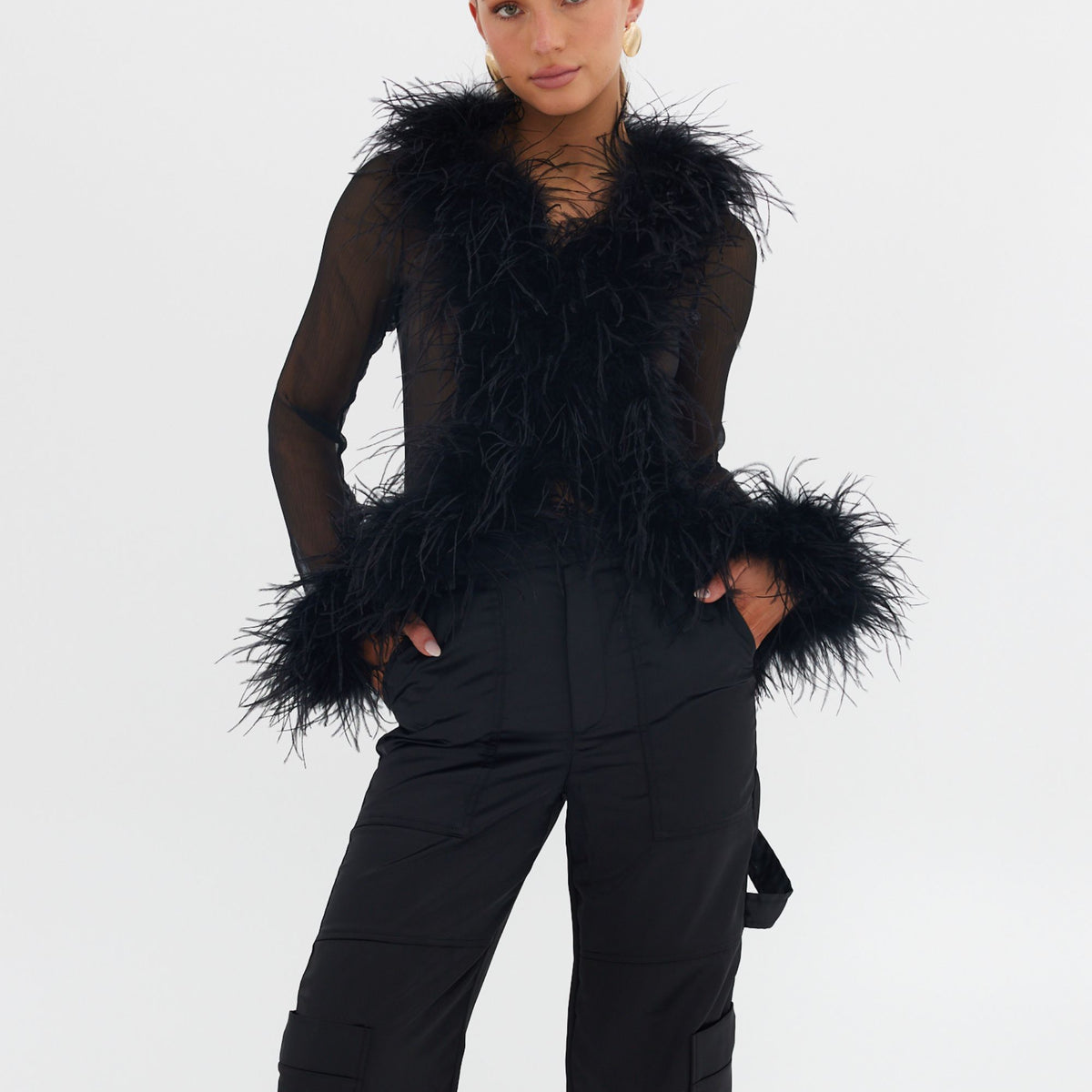 Gigi Sheer Feather Blouse - Black | FEATHER TOPS | bubish – Bubish Luxe