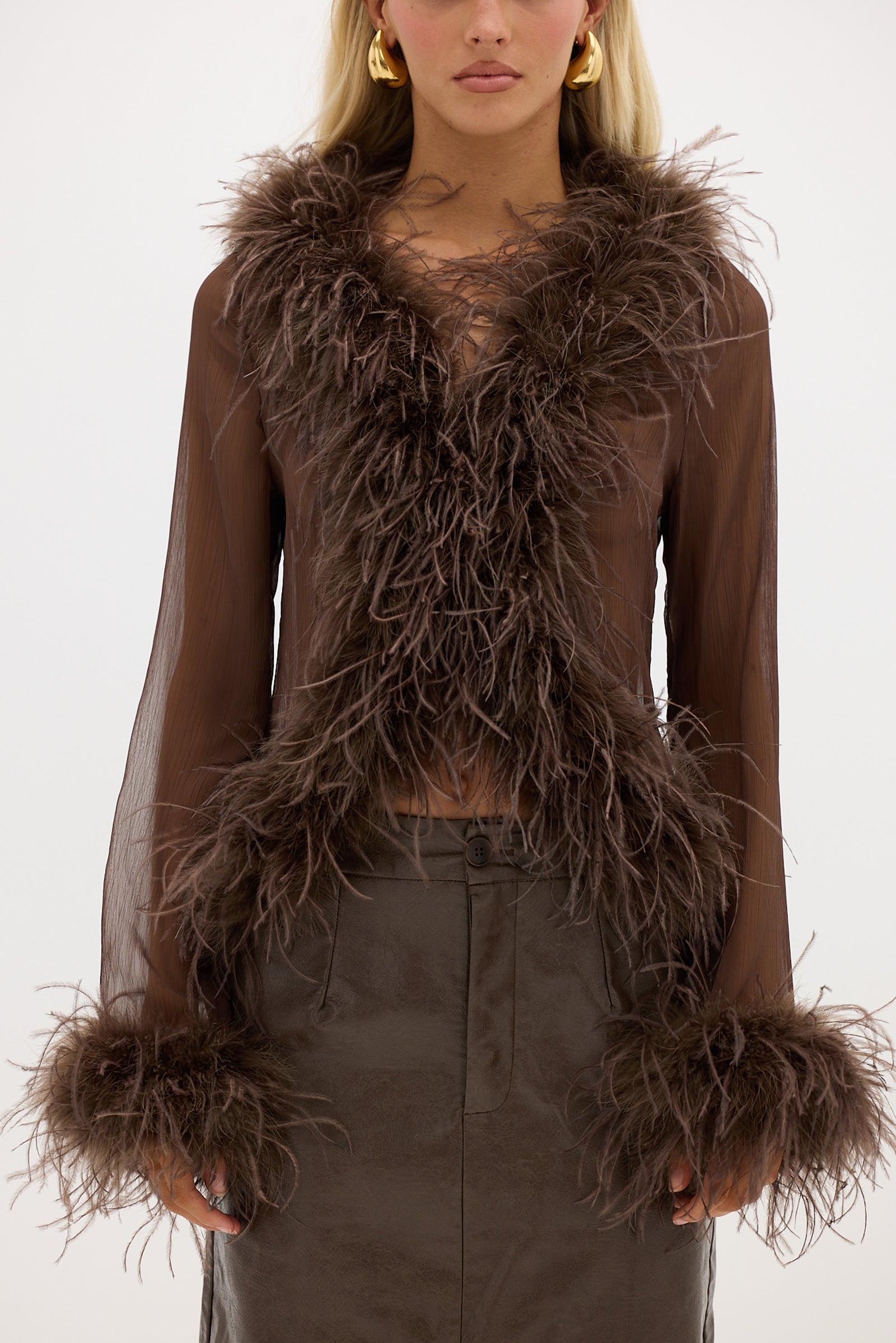 Gigi Sheer Feather Blouse - Chocolate | FEATHER TOPS | bubish – Bubish Luxe