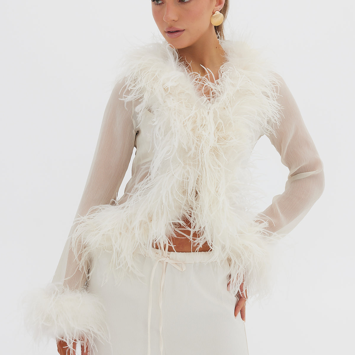 Gigi Sheer Feather Blouse - Ivory | FEATHER TOPS | bubish – Bubish Luxe