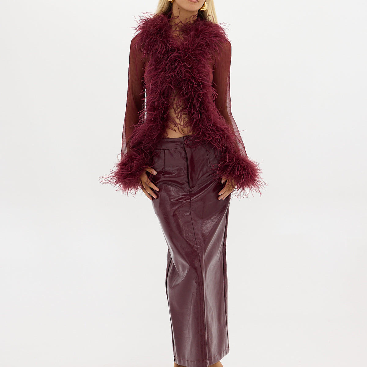Gigi Sheer Feather Blouse - Cherry | FEATHER TOPS | bubish – Bubish Luxe
