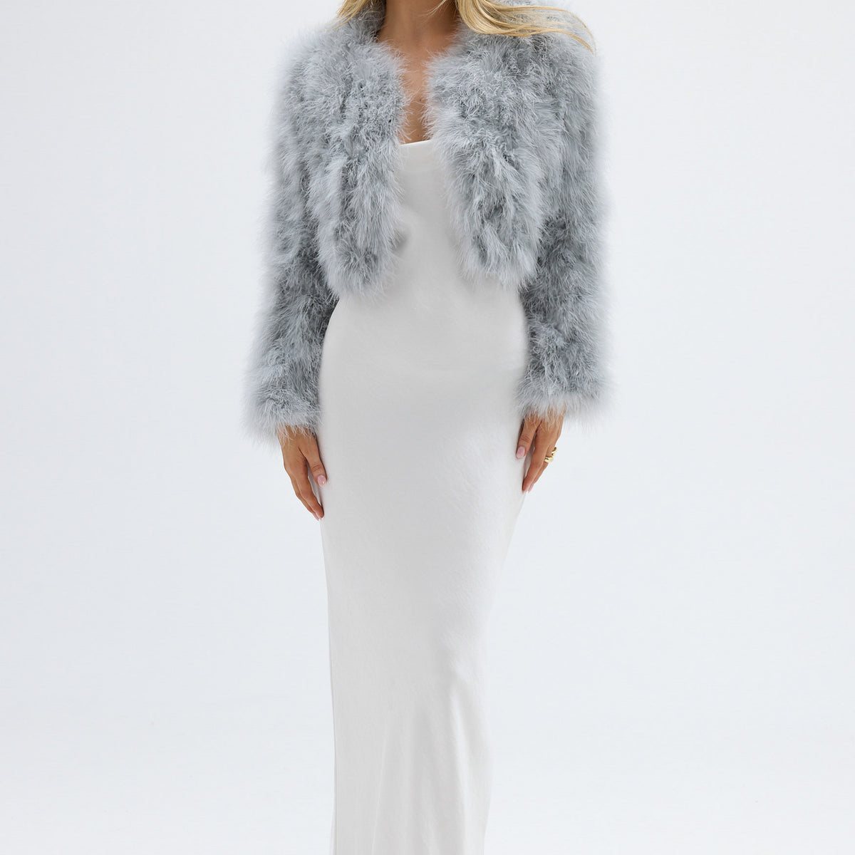 Manhattan Crop Feather Jacket - Light Grey | FEATHER JACKETS | bubish ...