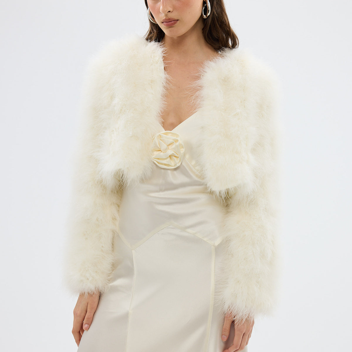 Manhattan Crop Feather Jacket - Ivory | FEATHER JACKETS | bubish ...