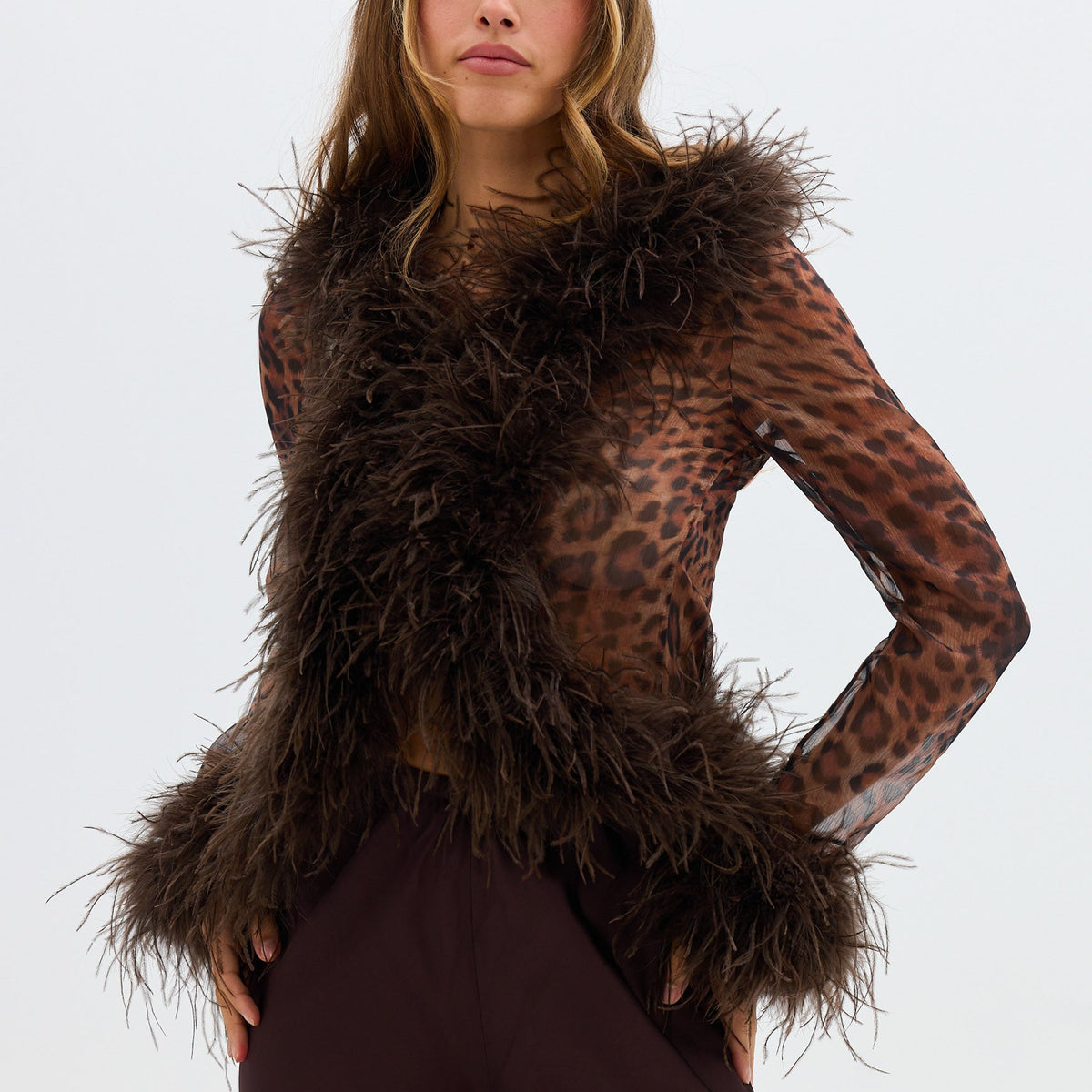 Gigi Sheer Feather Blouse - Leopard | FEATHER TOPS | bubish – Bubish Luxe